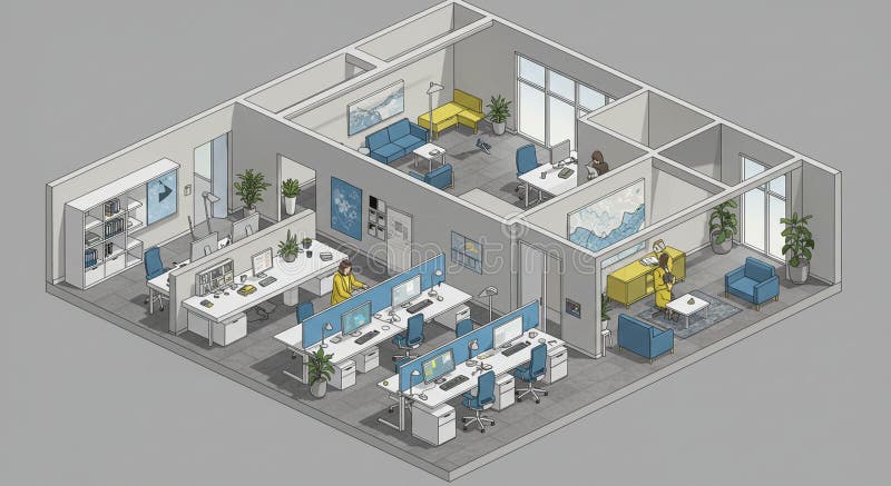 Isometric View of a Modern Office Layout Featuring Multiple ...