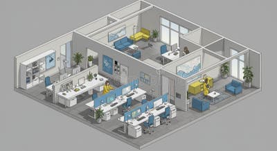 Isometric View of a Modern Office Layout Featuring Multiple ...