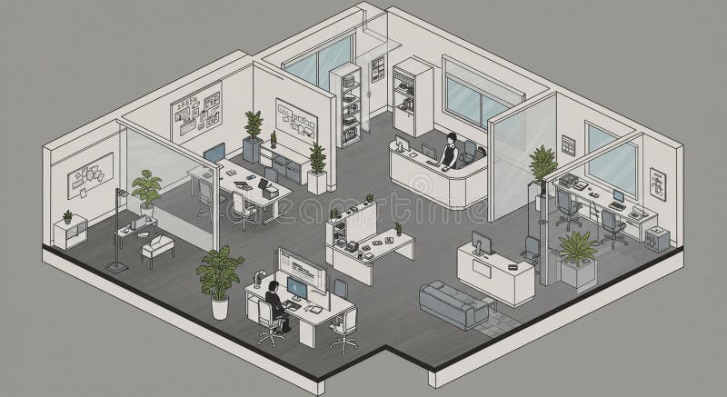 Isometric View of a Modern Office Layout Featuring Various Workspaces ...