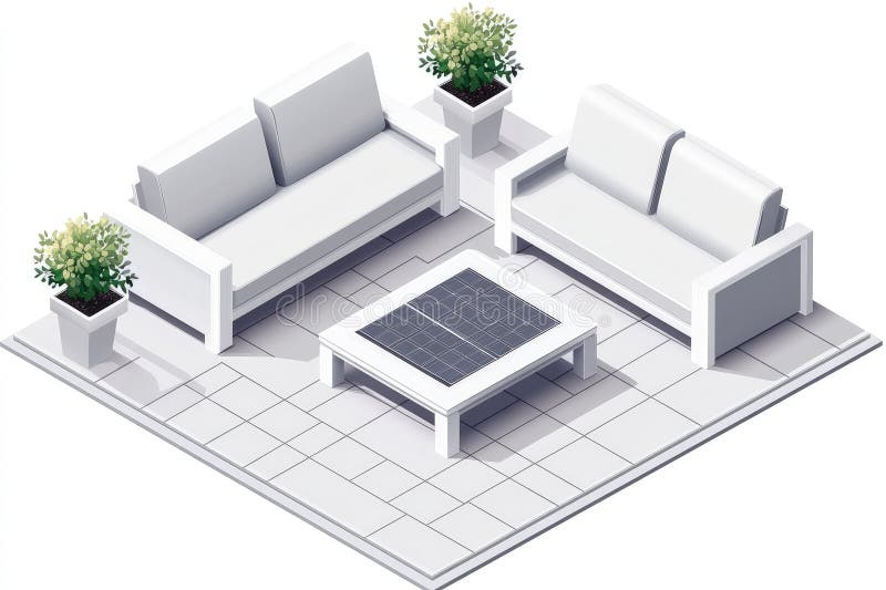 Isometric View of Modern Outdoor Patio with White Sofas and Solar ...