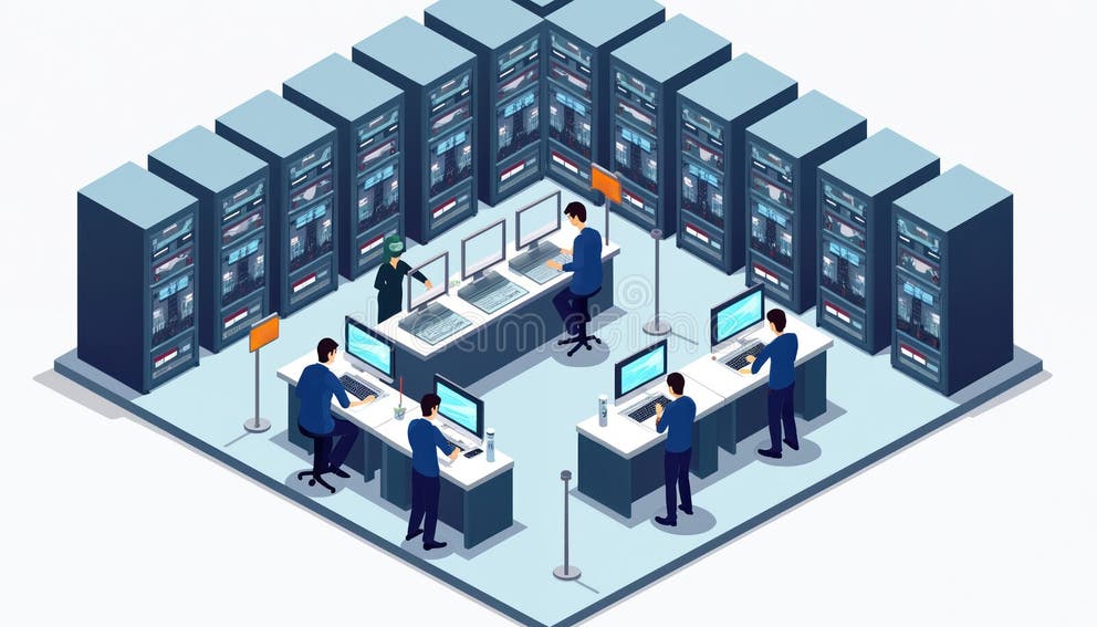 Isometric View Modern Server Room with Technicians at Help Desk ...