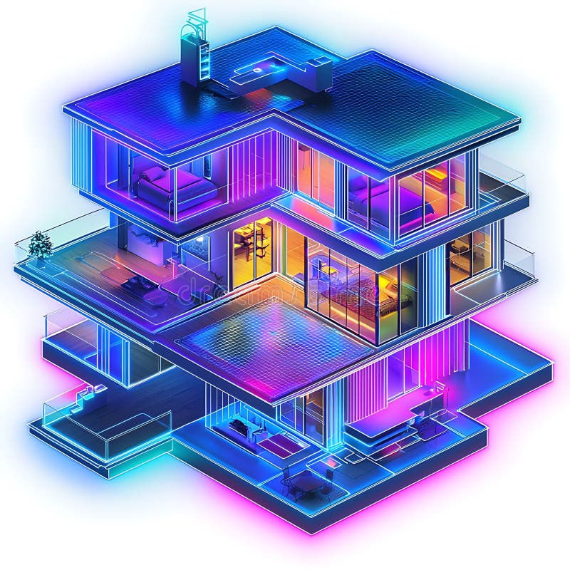 Isometric View of a Modern Smart Home with Neon Lighting Featuring ...