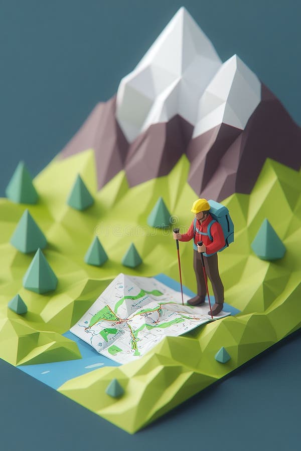 Isometric View of a Mountain Guide with Hiking Sticks and Map. Stock ...