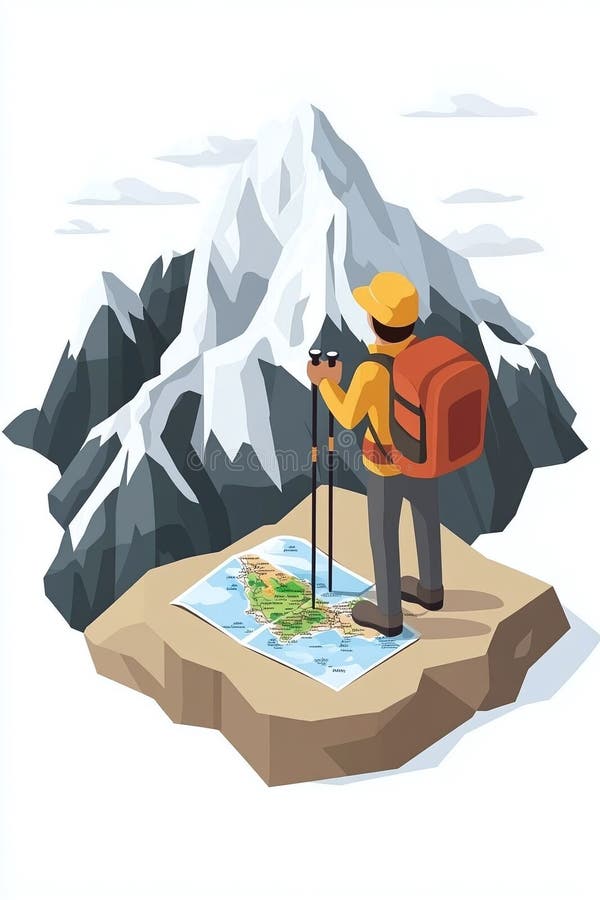 Isometric View of a Mountain Guide with Hiking Sticks and Map. Stock ...