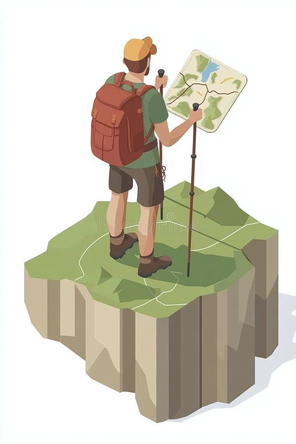 Isometric View of a Mountain Guide with Hiking Sticks and Map. Stock ...