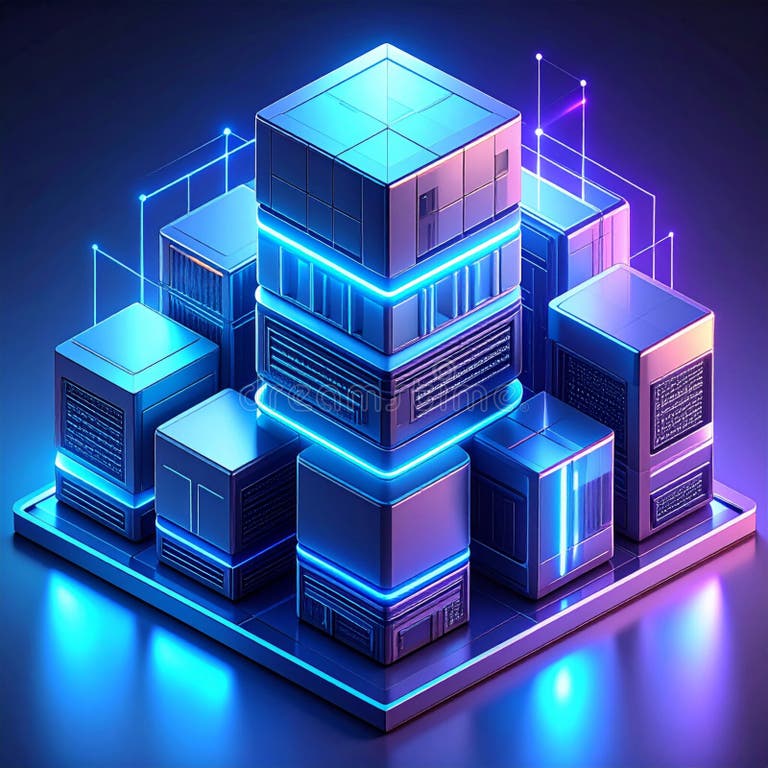 Isometric View of Neon Blue Abstract Data Center Structure with ...