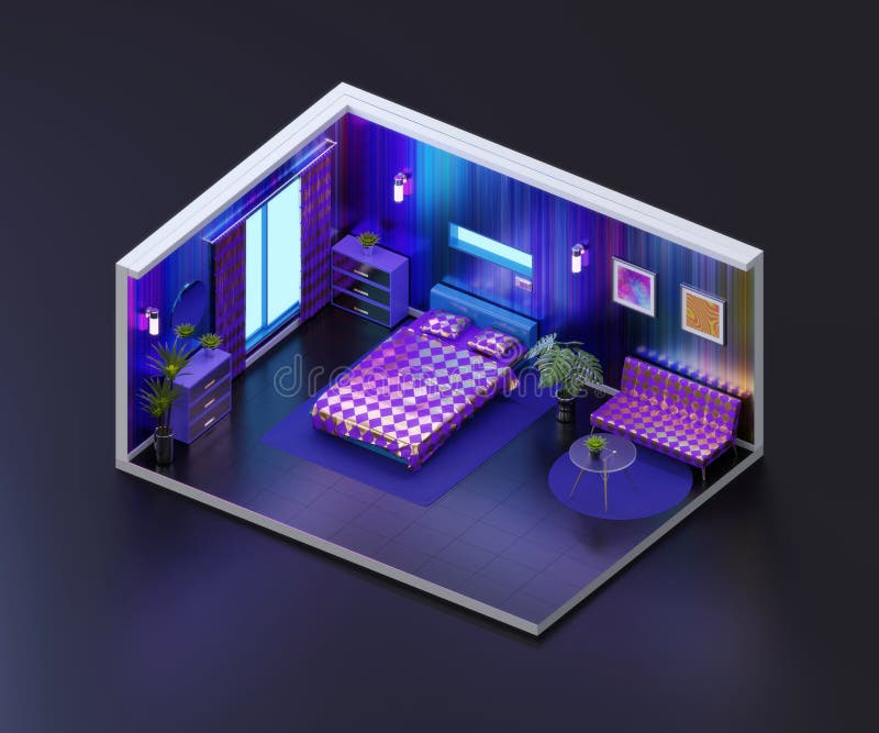 Isometric View Night Bed Room Open Inside Interior Architecture, 3d ...