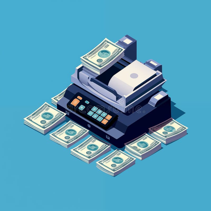 Isometric View of Printer Printing Money Banknotes. QE Policy Concept ...