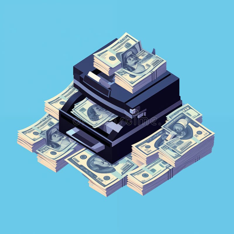 Isometric View of Printer Printing Money Banknotes. QE Policy Concept ...