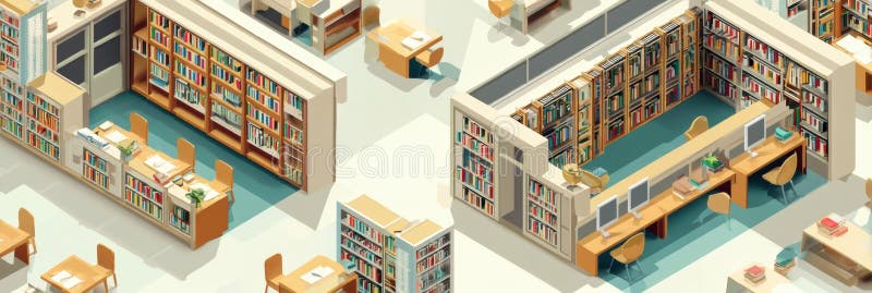 Isometric View of a Public Library Featuring Organized Bookshelves and ...