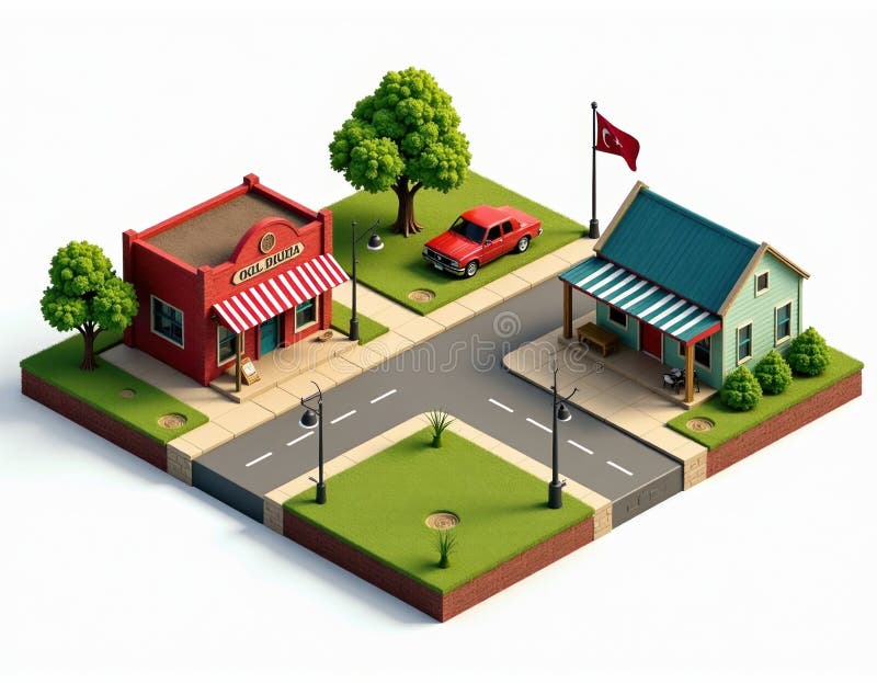 Isometric View of a Quaint Town Square with Shops and a Turkish Flag ...