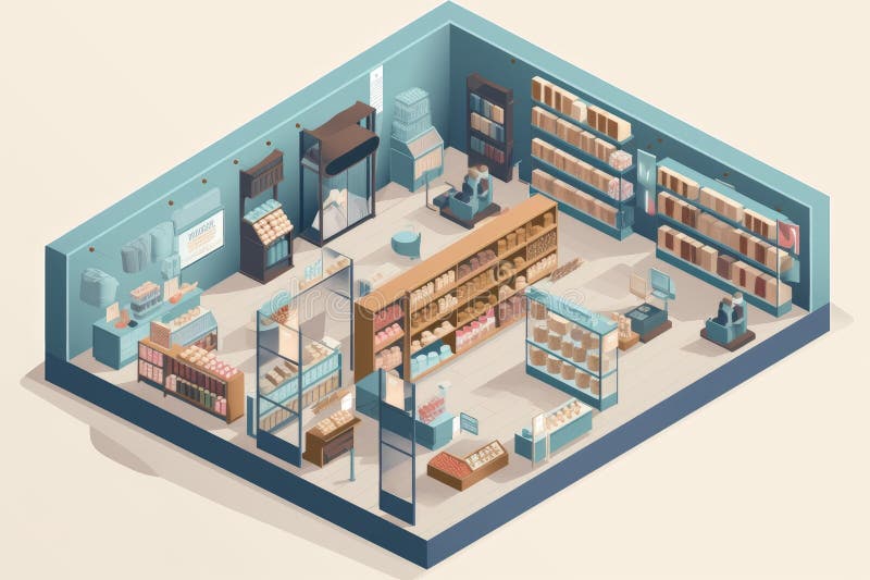Isometric View of Retail Store, Showcasing Products and Brand Stock ...