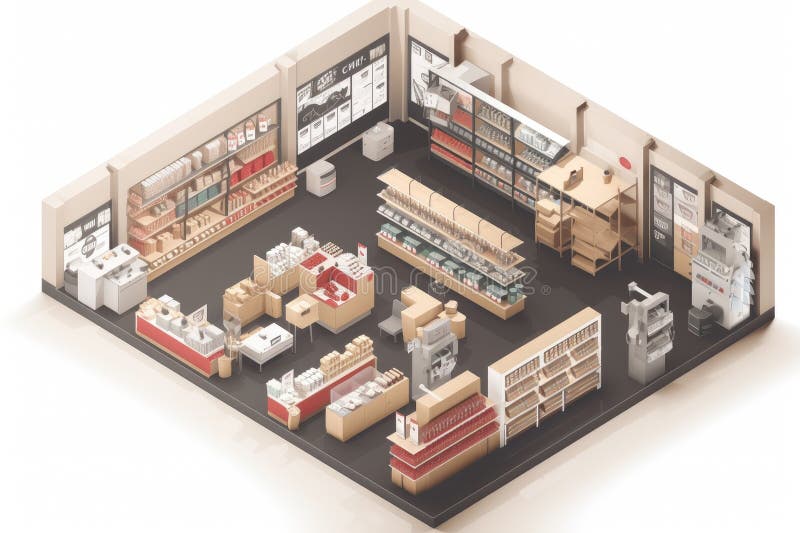 Isometric View of Retail Store, Showcasing Products and Brand Stock ...