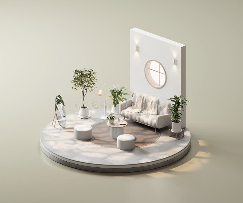 Isometric View Round Living Room Cozy Style Open Inside Interior ...
