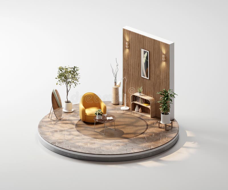 Isometric View Round Living Room Cozy Style Open Inside Interior ...