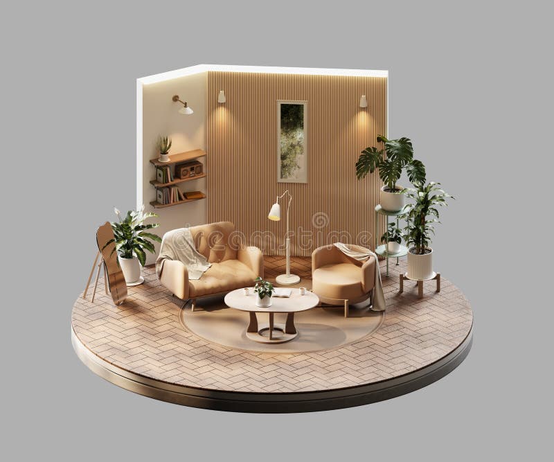 Isometric View Round Living Room Cozy Style Open Inside Interior ...