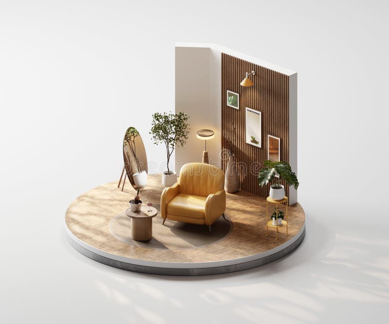 Isometric View Round Living Room Muji Style Open Inside Interior ...