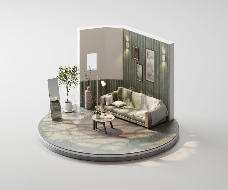 Isometric View Living Room Muji Style Open Inside Interior Architecture ...