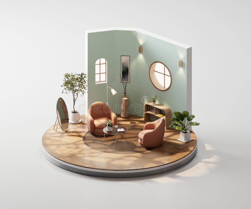 Isometric View Round Living Room Muji Style Open Inside Interior ...