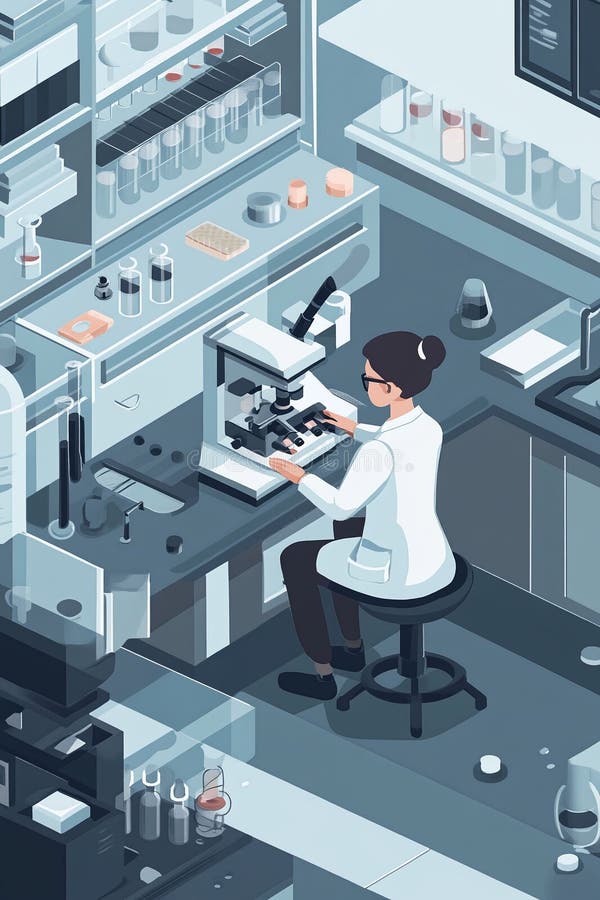 Isometric View of a Scientist Observing a Specimen Under a Microscope ...