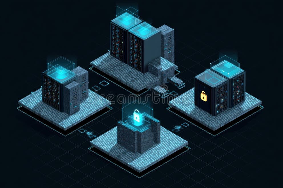 Isometric View of a Secure Encrypted Data Center with Advanced Server Technology and Remote ...