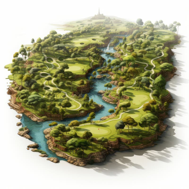 Isometric View at Serene Golf Course with a Majestic River Flowing ...