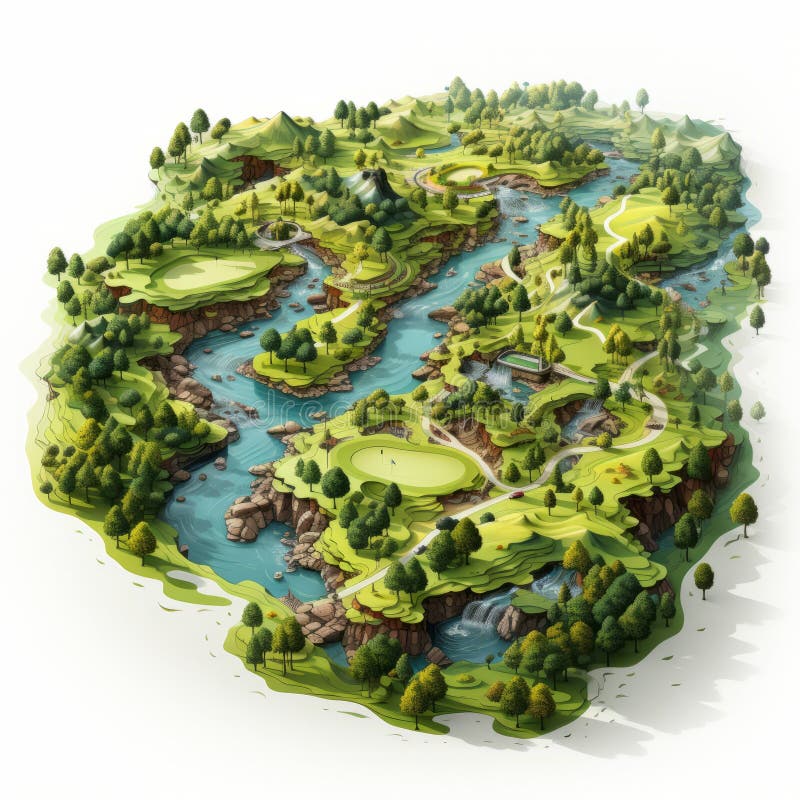 Isometric View at Serene Golf Course with a Majestic River Flowing ...