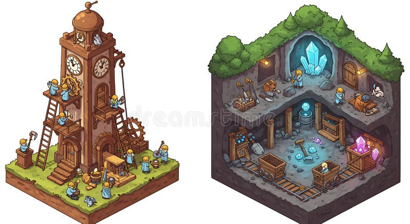 Isometric Clocktower Building and Mine Scene Stock Illustration ...