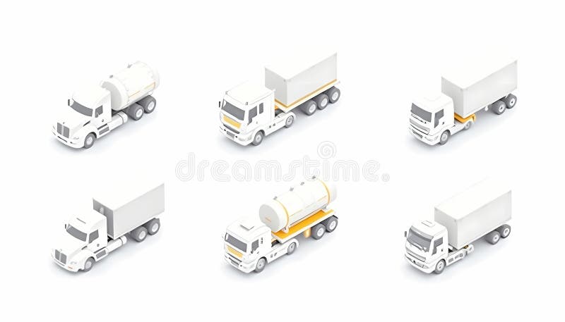 Isometric View of Six White Cargo Trucks on a White Surface, Perfect ...
