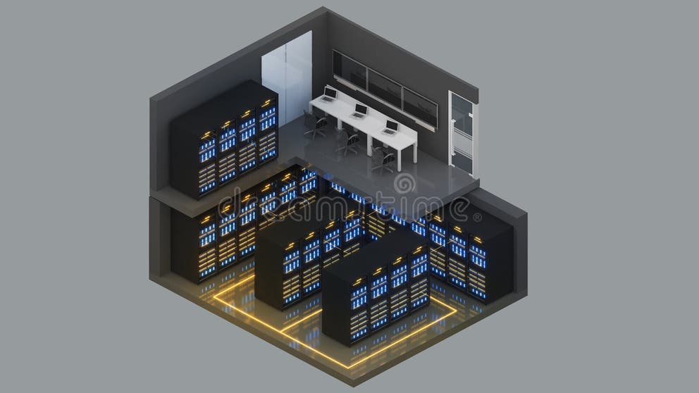 Isometric View of a Small Server Room and Control Room,Data Center with ...