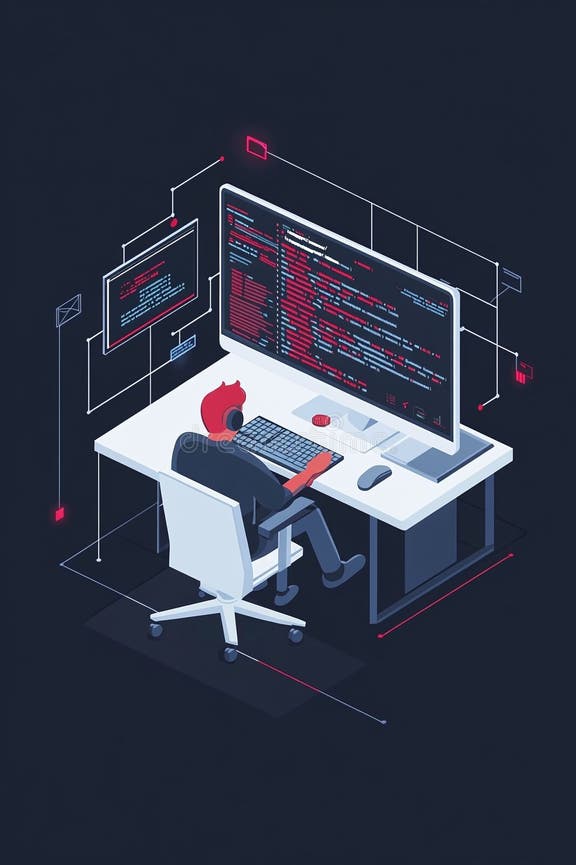 Isometric View of a Software Developer Coding on a Futuristic ...
