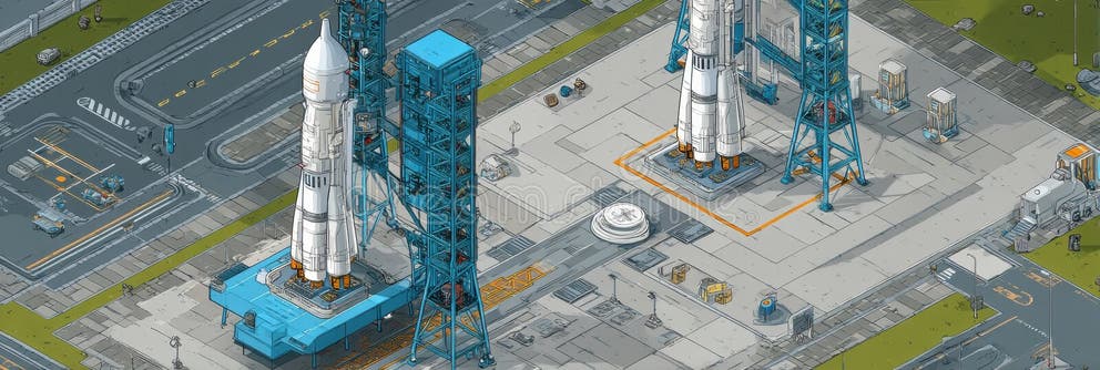 Isometric View of Spaceport Launchpad with Rockets Prepared for ...