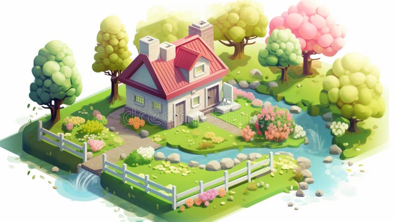 Isometric View of a Spring Village Stock Photo - Image of natural ...