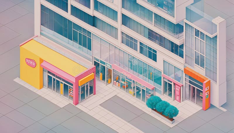Isometric View of a Store and Salesroom in an Urban Environment in an ...