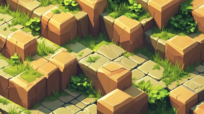 Isometric View of Stylized Stone Pathway with Lush Greenery and ...