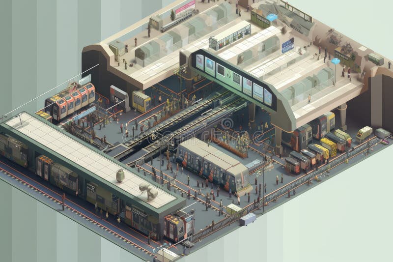 Isometric View of Subway Station, with Bustling Crowds and Bustling ...