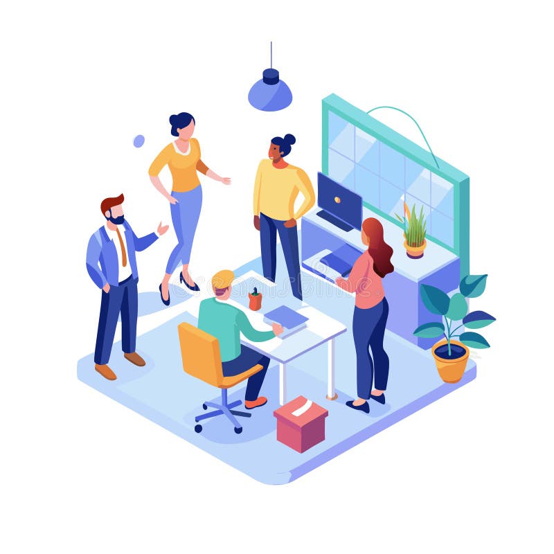 Isometric Office Scene with Diverse Team Collaborating and Working in a ...