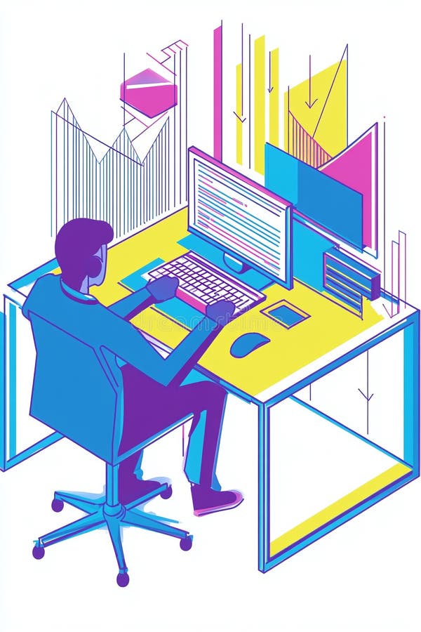 Isometric View of a Tech Programmer Working on a Laptop. Stock ...