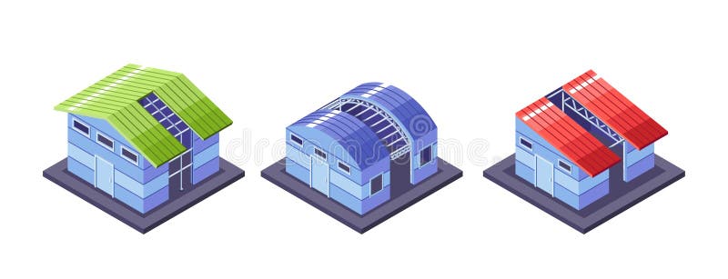 Isometric View of Three Buildings, Each Constructed with a Metal Frame ...