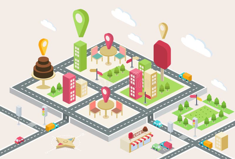 Isometric View, a Three-dimensional Map of a City Stock Vector ...