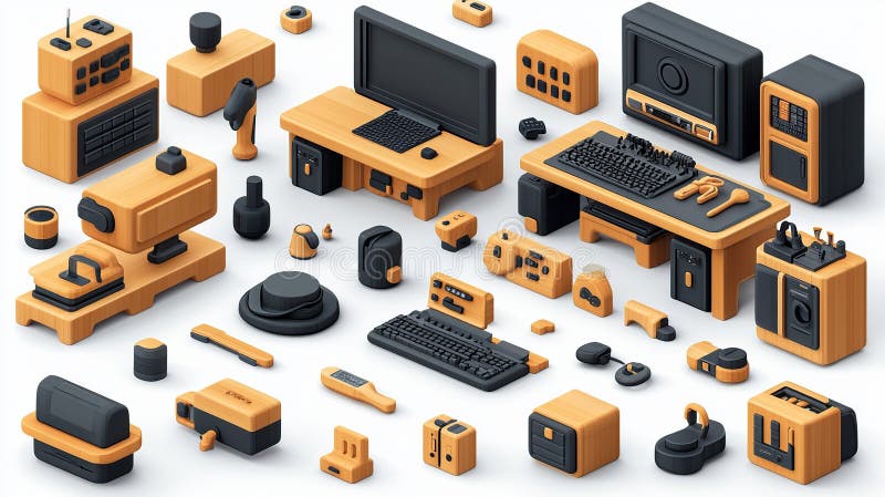 Isometric View of Various Computer Peripherals and Office Equipment on ...
