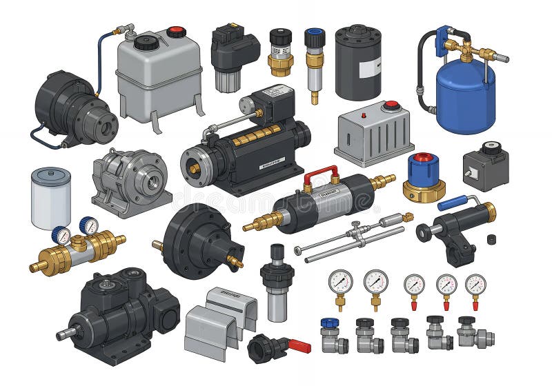 Isometric View of Various Hydraulic Components and Parts on White ...