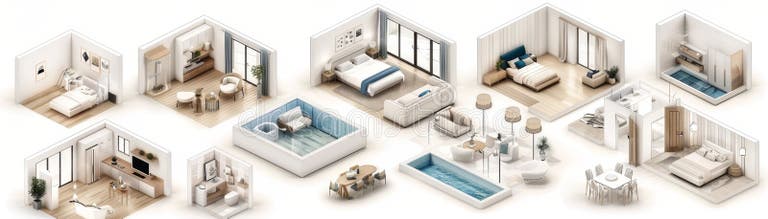 Isometric View of Various Room Layouts Stock Illustration ...
