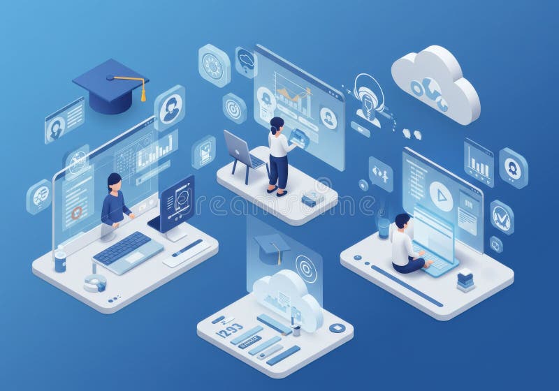 Isometric View of Virtual Learning Environment Setup Stock Illustration ...