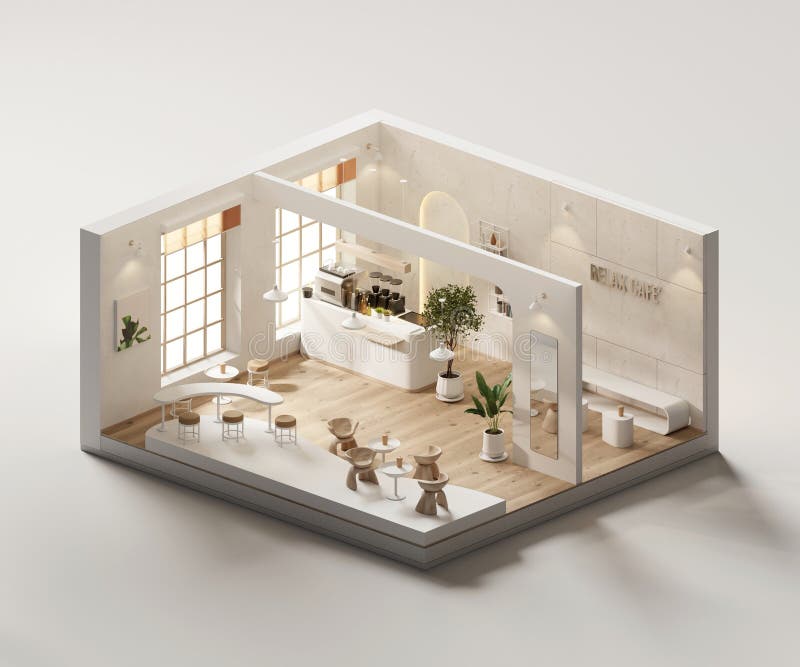 Isometric View White Minimal Cafe Store Interior Architecture, 3d ...