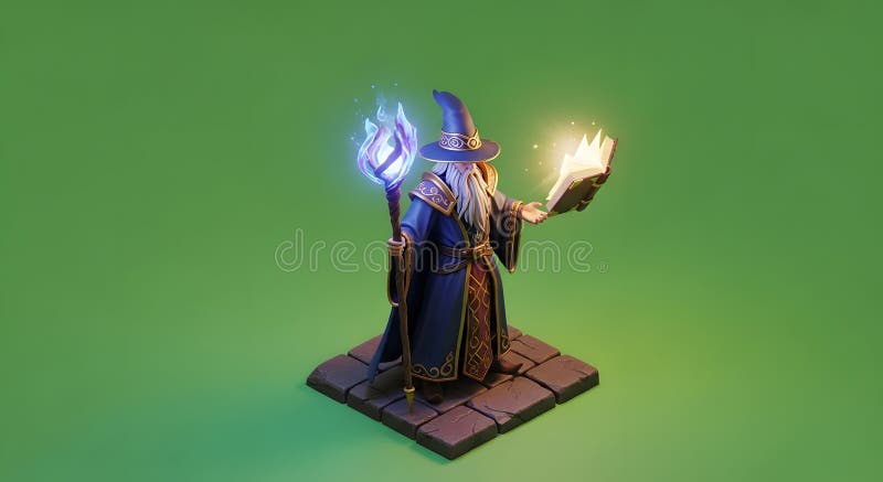 Isometric Wizard Casting Spell from Book with Staff on Green Background ...