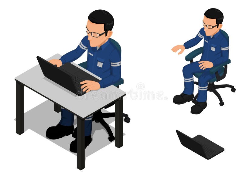 Isometric View of Worker with PC on White Background Stock Vector ...