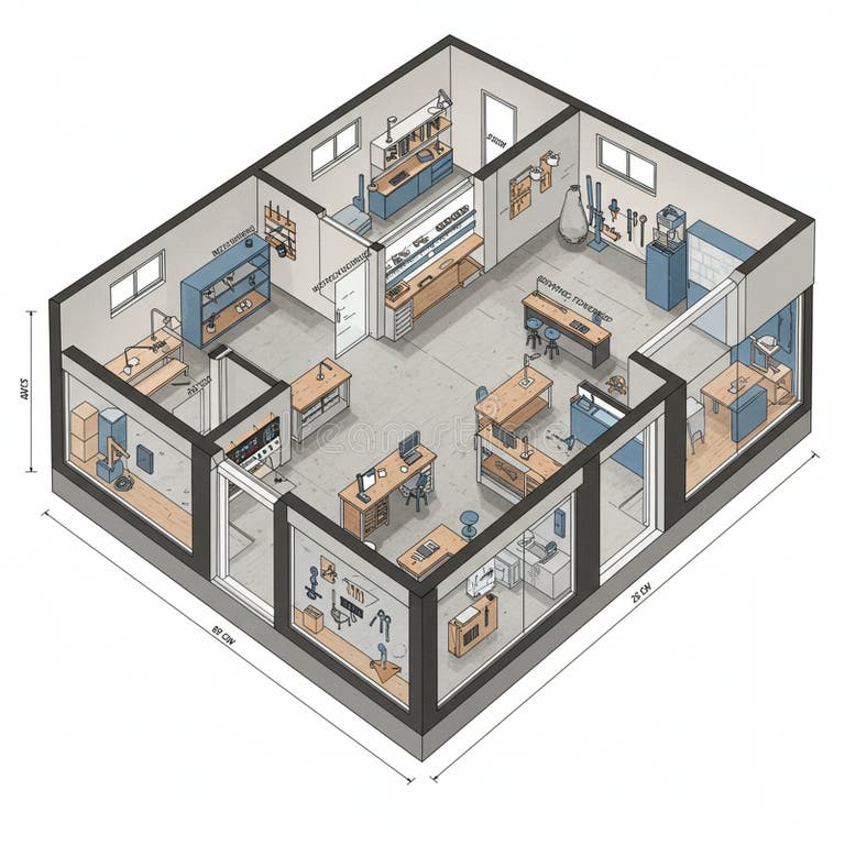 Isometric View of a Workshop or Studio Layout Featuring Multiple ...