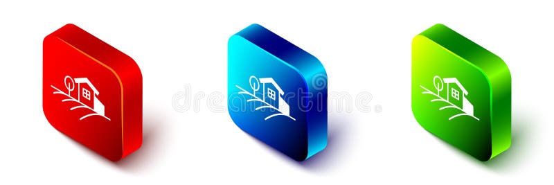 Isometric Village Landscape Icon Isolated on White Background. Red ...