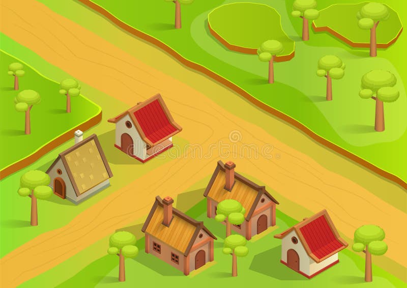 Isometric Village with Traditional House Stock Vector - Illustration of ...